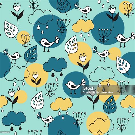 파란색 배경에 만화 새와 구름 귀여운 원활한 패턴 트로피컬 일러스트 세트의 일부입니다 겨자에 대한 스톡 벡터 아트 및 기타 이미지 겨자 구름 귀여운 Istock