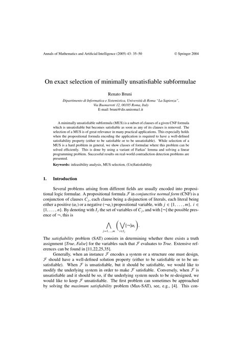 Pdf On Exact Selection Of Minimally Unsatisfiable Subformulae