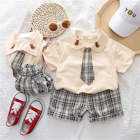 2023 여름 아기 소년 옷 세트 자수 만화 곰 반팔 폴로 셔츠 격자 무늬 반바지 유아 형제 상하 세트 Aliexpress