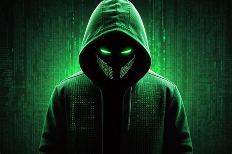 silhouette of a hacker in a hood with binary code on a luminous green