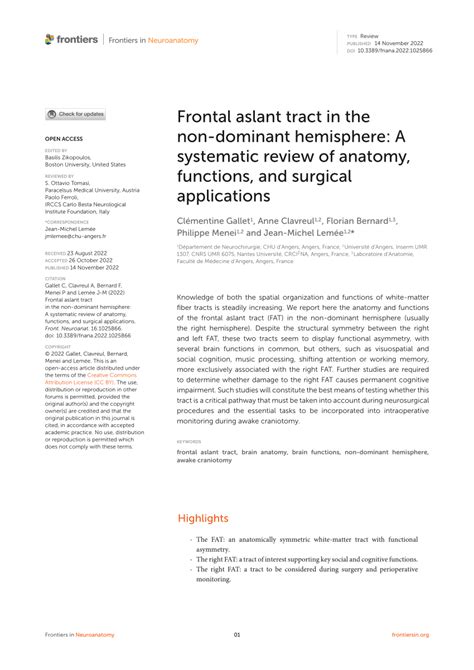 Pdf Frontal Aslant Tract In The Non Dominant Hemisphere A Systematic Review Of Anatomy