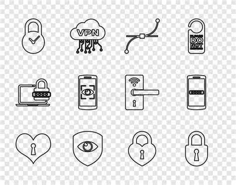 Set Line Heart With Keyhole Lock Bezier Curve Shield And Eye