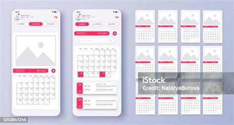 다른 ui ux gui 화면 달력 응용 프로그램 및 모바일 애플 리 케이 션에 대 한 평면 웹 아이콘 2020 달력 사진을위한