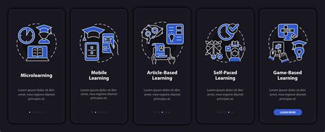 Elearning Methods Night Mode Onboarding Mobile App Screen Walkthrough 5 Steps Graphic