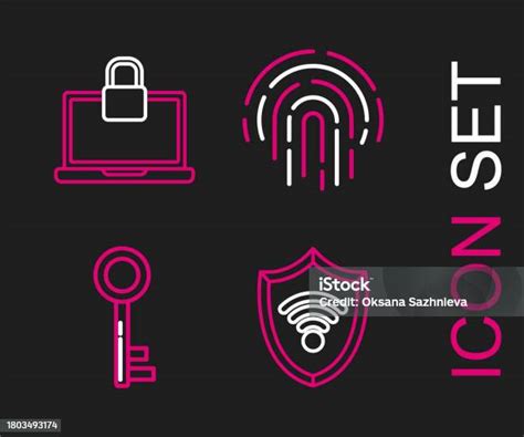 Wifi 무선 인터넷 네트워크 키 지문 및 노트북 및 잠금 아이콘으로 라인 쉴드를 설정합니다 벡터 가상현실에 대한 스톡 벡터 아트 및 기타 이미지 Istock