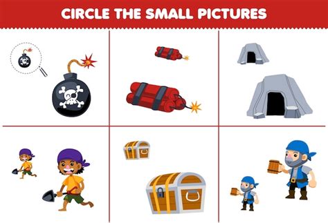 어린이를 위한 교육 게임은 귀여운 만화 폭탄 다이너마이트 동굴 상자 소년과 노인의 인쇄 가능한 해적 워크시트의 작은 그림에 동그라미를 칩니다 프리미엄 벡터