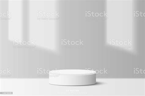 추상적인 흰색 회색 3d 실린더 연단 받침대 무대는 벽에 창 그림자가 있는 제품 전시를 위해 현실적입니다 창문을 통해 태양이 빛나는 장면 디자인 3d 벡터 렌더링 기하학적