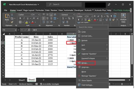 Excel 如何在数据透视表中按月、年、半年或其他特定日期进行分组 极客笔记