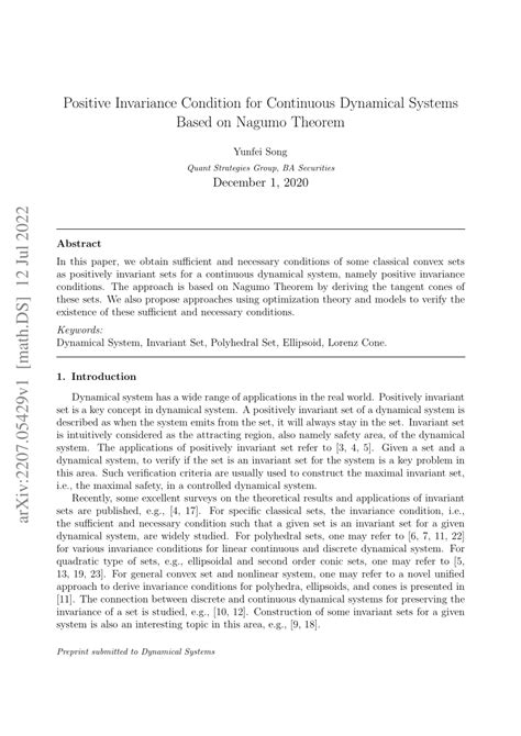 Pdf Positive Invariance Condition For Continuous Dynamical Systems