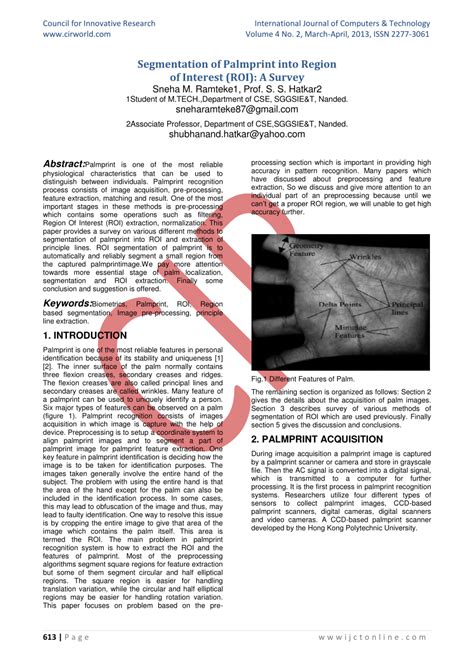Pdf Segmentation Of Palmprint Into Region Of Interest Roi A Survey