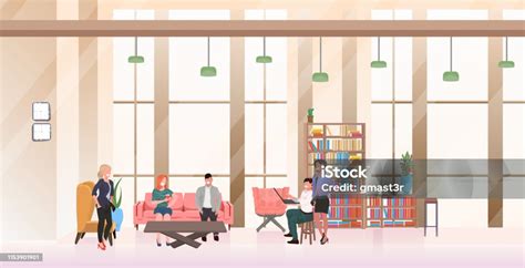 믹스 레이스 사업가 이야기 함께 작업 로비에서 회의 하는 동안 비즈니스 활동 브레인 스토밍 창조적 인 공동 작업 센터 사무실 인테리어 평면 수평 전체 길이 벡터에 대한 스톡