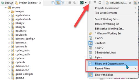 hide an unhide files and folders in project explorer mcu on eclipse
