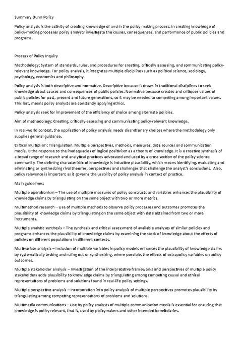 Summary Of Dunn Policy Analysis Methodology Studeersnel