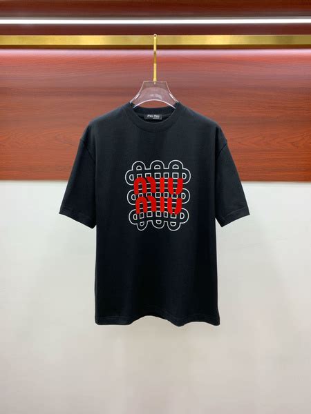 Футболка Мужской Женский Miu Miu черный Короткий размер 46 Хлопок Надписи Логотип облегающий