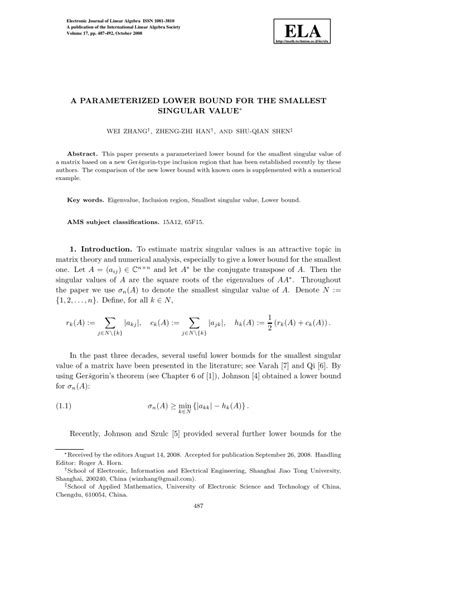 Pdf A Parameterized Lower Bound For The Smallest Singular Value