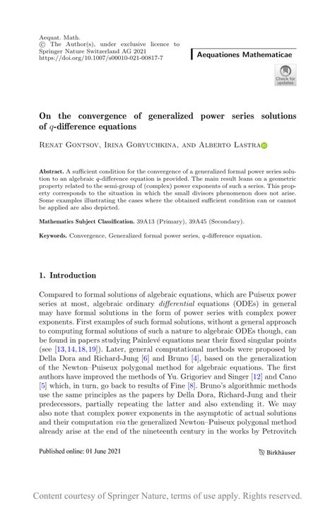 On The Convergence Of Generalized Power Series Solutions Of Q