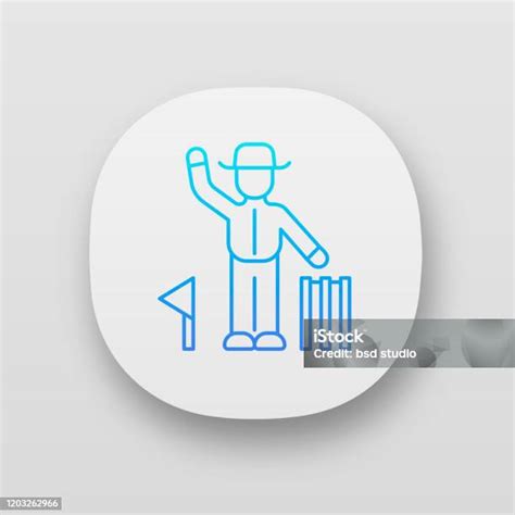 크리켓 판사 응용 프로그램 아이콘입니다 심판 신호 결정 중재인은 게임을 따릅니다 유니폼 깃발 개찰구를 입은 남자 스포츠 대회