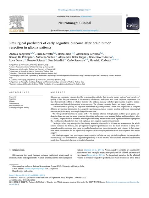 Pdf Presurgical Predictors Of Early Cognitive Outcome After Brain Tumor Resection In Glioma