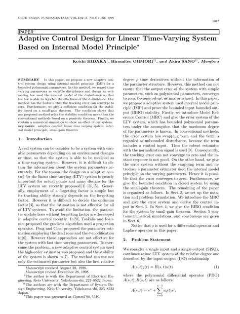 Pdf Adaptive Control Design For Linear Time Varying System Based On Internal Model Principle