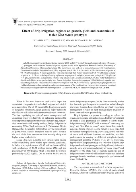 Pdf Effect Of Drip Irrigation Regimes On Growth Yield And Economics Of Maize Zea Mays Genotypes