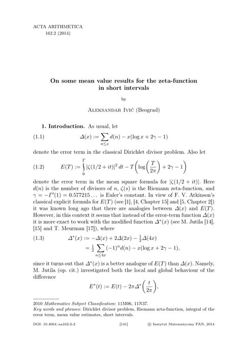 Pdf On Some Mean Value Results For The Zeta Function In Short Intervals