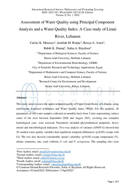 Pdf Assessment Of Water Quality Using Principal Component Analysis And A Water Quality Index