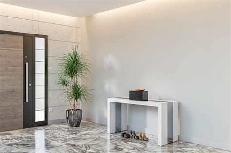 현대적인 우아한 인테리어 흰색 석고 벽 배경 장식 및 복사 공간 앞에 현대적인 입구 문 돌 및 스테인레스 스틸 테이블이있는 입구 홀 0명에 대한 스톡 사진 및 기타 이미지