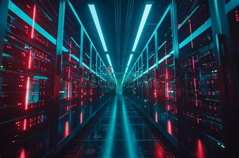 Modern Data Technology Center Server Racks In Dark Room With Vfx Visualization Concept Of