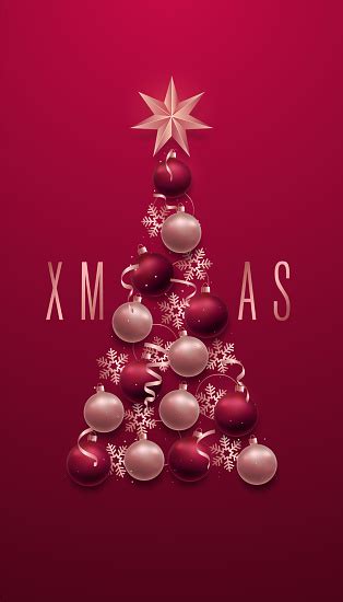 로즈 골드와 레드 리얼 볼 별 눈송이로 만든 크리스마스 트리 크리스마스 인사말 카드입니다 반짝 빛나는 크리스마스 볼륨 장난감입니다 소셜 미디어 소셜 네트워크 이야기에 대 한