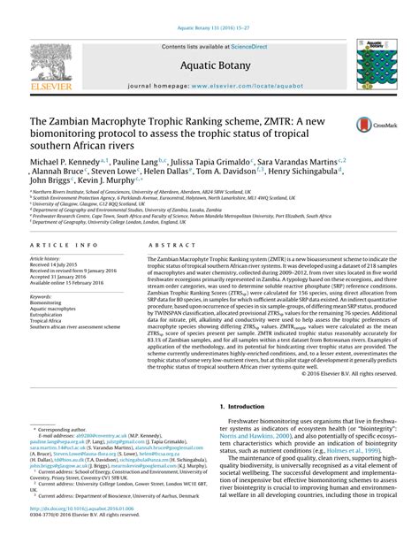 Pdf The Zambian Macrophyte Trophic Ranking Scheme Zmtr A New
