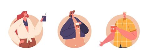 커피 컵 고립 된 라운드 아이콘 또는 아바타 현대 남성 또는 여성 캐릭터 테이크 아웃 머그잔을 가진 사람들 프리미엄 벡터
