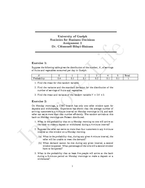 Homework 2 Assignment Improve Life University Of Guelph Statistics For Business Decisions