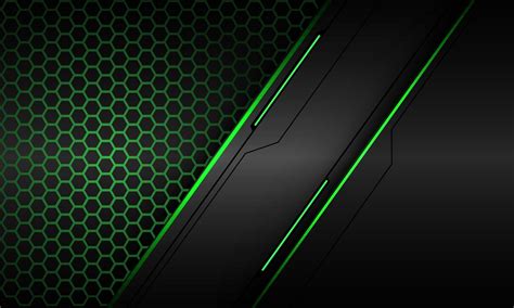 Abstract Green Light Hexagon Mesh Dark Grey Metallic Black Line Cyber Geometric Slash Design