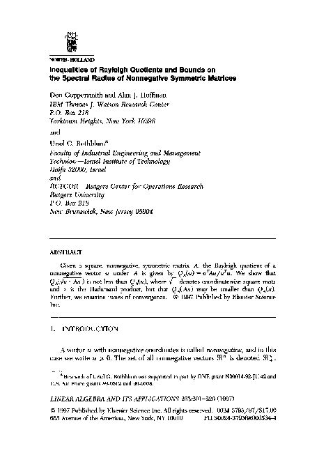 Pdf Inequalities Of Rayleigh Quotients And Bounds On The Spectral Radius Of Nonnegative