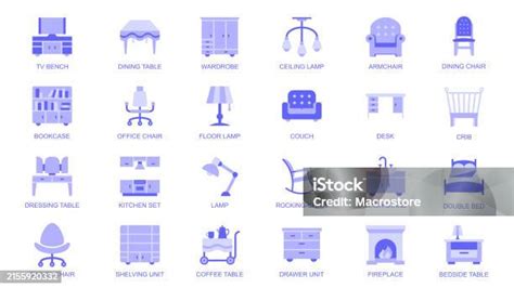 가구 웹 아이콘은 Duotone 평면 디자인으로 설정됩니다 Tv 장식장 식탁 옷장 천장 조명 안락의자 의자 책장 소파 유아용 침대 선반 유닛 기타로 픽토그램을 포장하세요