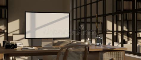 Interior Design Of Modern Contemporary Office Room With Pc Desktop Computer Mockup Stock