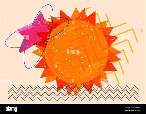 Risograph Summer Sun With Geometric Shapes Objects In Trendy Riso