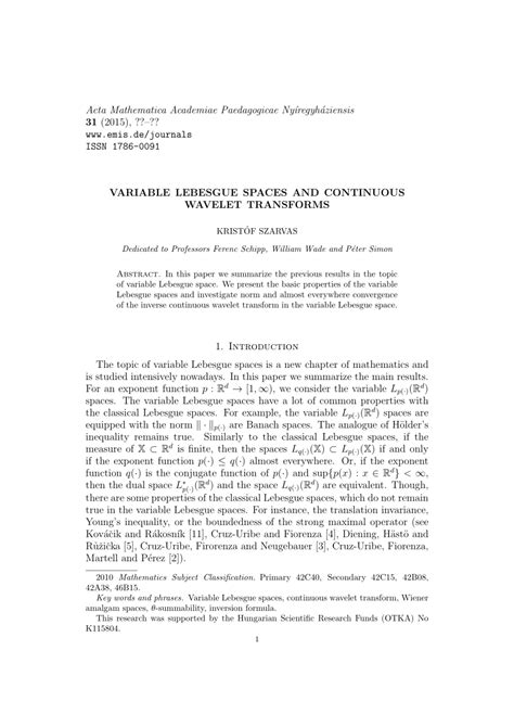 Pdf Variable Lebesgue Spaces And Continuous Wavelet Transforms