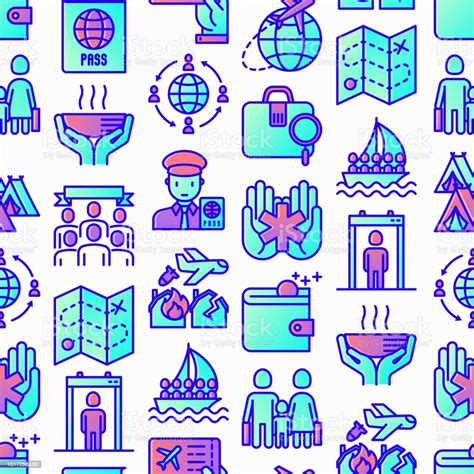얇은 선 아이콘으로 이민 원활한 패턴 이민자 불법 체류자 수하물 검사 여권 국제선 세관 검사 난민 캠프 현대 벡터 일러스트입니다