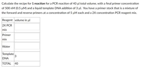 Solved Calculate The Recipe For 1 Reaction For A Pcr