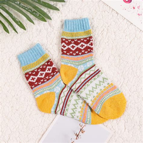 5 Pairs Nordic Winter Soft Warm Wool Ethnic Style Socks Womens Winter