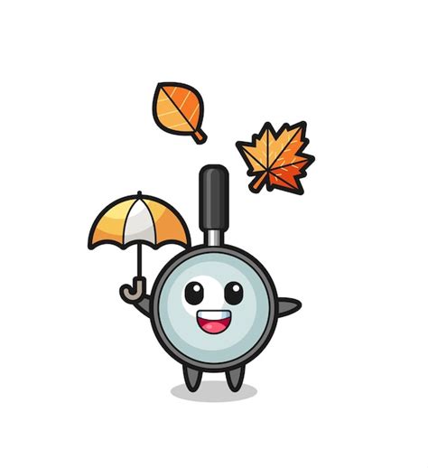 가을에 우산을 들고 있는 귀여운 돋보기의 만화 프리미엄 벡터