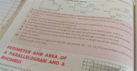 4 find the area of a rectangle whose 16 cm 420 m rums around a square