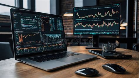 Advanced Workspace High Tech Laptop With Multiple Screens For Coding And Data Analysis Stock