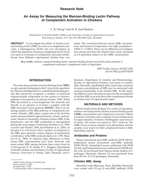 Pdf An Assay For Measuring The Mannan Binding Lectin Pathway Of Complement Activation In Chickens