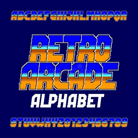 Retro Pixel Computer Game Alphabet Font Digital Gradient Oblique Letters And Numbers Stock