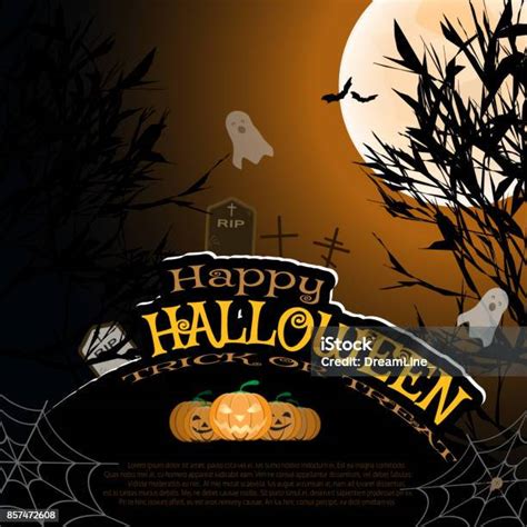할로윈에 대 한 풀 문 나무 풀 문 비행 귀신의 실루엣 벡터 포스터 무리 박쥐 비 석 무덤의 십자가 그라데이션 어두운 갈색 바탕에 호박의 그룹 10월에 대한 스톡 벡터 아트