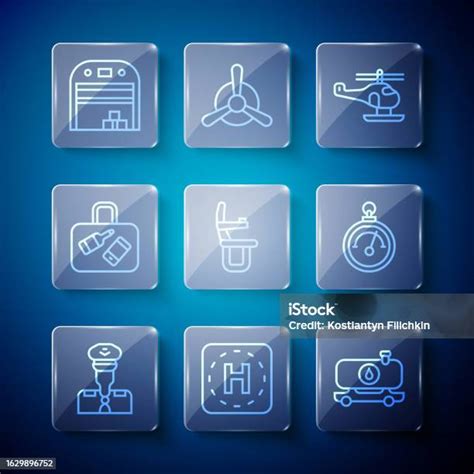 라인 파일럿 헬리콥터 착륙장 연료 탱커 트럭 비행기 좌석 여행 가방 항공기 격납고 및 기압계 아이콘을 설정합니다 벡터 가방에 대한 스톡 벡터 아트 및 기타 이미지 Istock