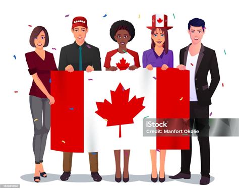 캐나다 국기를 들고 캐나다의 날을 축하하는 사람들 캐나다 모자를 쓰고 있는 남녀 다문화 그룹 프리미엄 벡터 캐나다에 대한 스톡 벡터 아트 및 기타 이미지 Istock