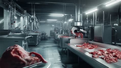 A Commercial Kitchen With Meat Processing Equipment And Raw Meat On